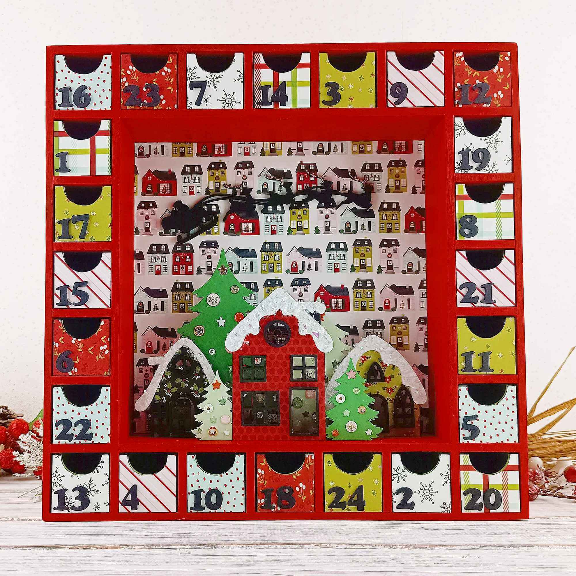 Christmas Village Scene Advent Calendar with 24 Drawers